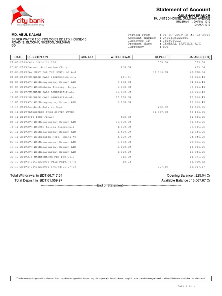 City Bank Statement | PDF | Automated Teller Machine | Deposit Account