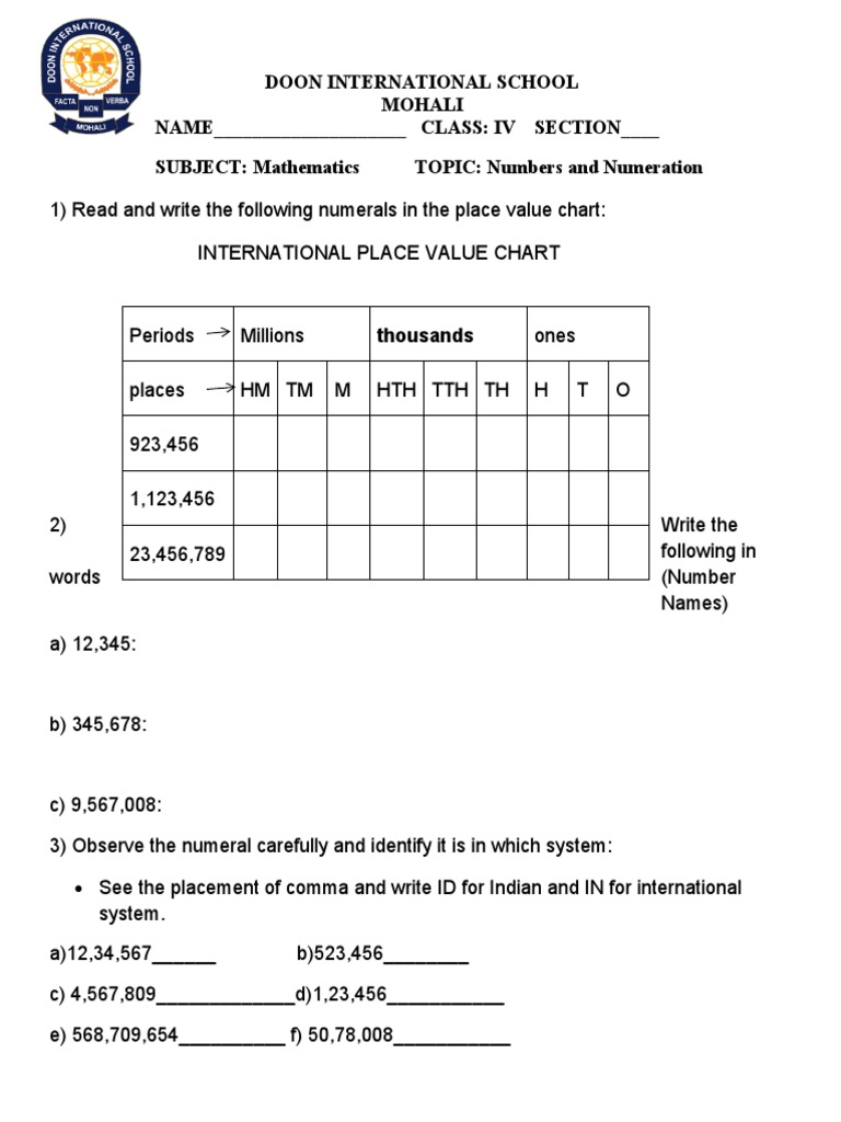 Doon International School Mohali NAME - CLASS: IV SECTION - SUBJECT ...