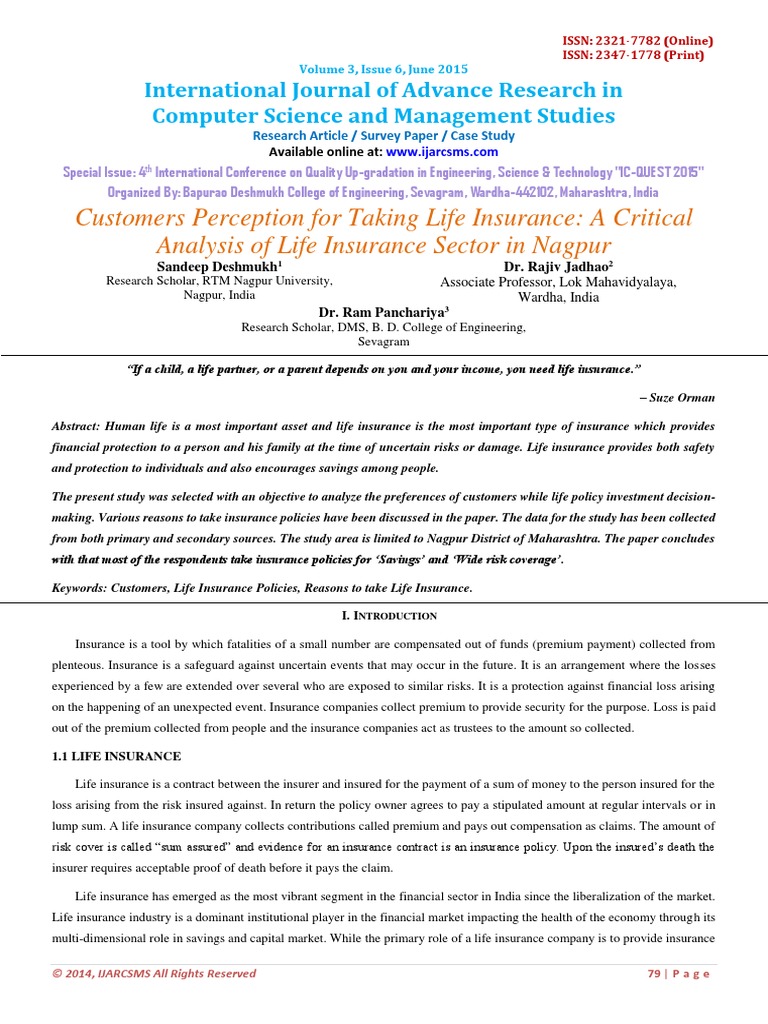 Customers Perception For Taking Life Insurance: A Critical Analysis of ...