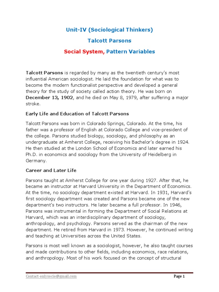 Social System,: Unit-IV (Sociological Thinkers) Talcott Parsons Pattern ...