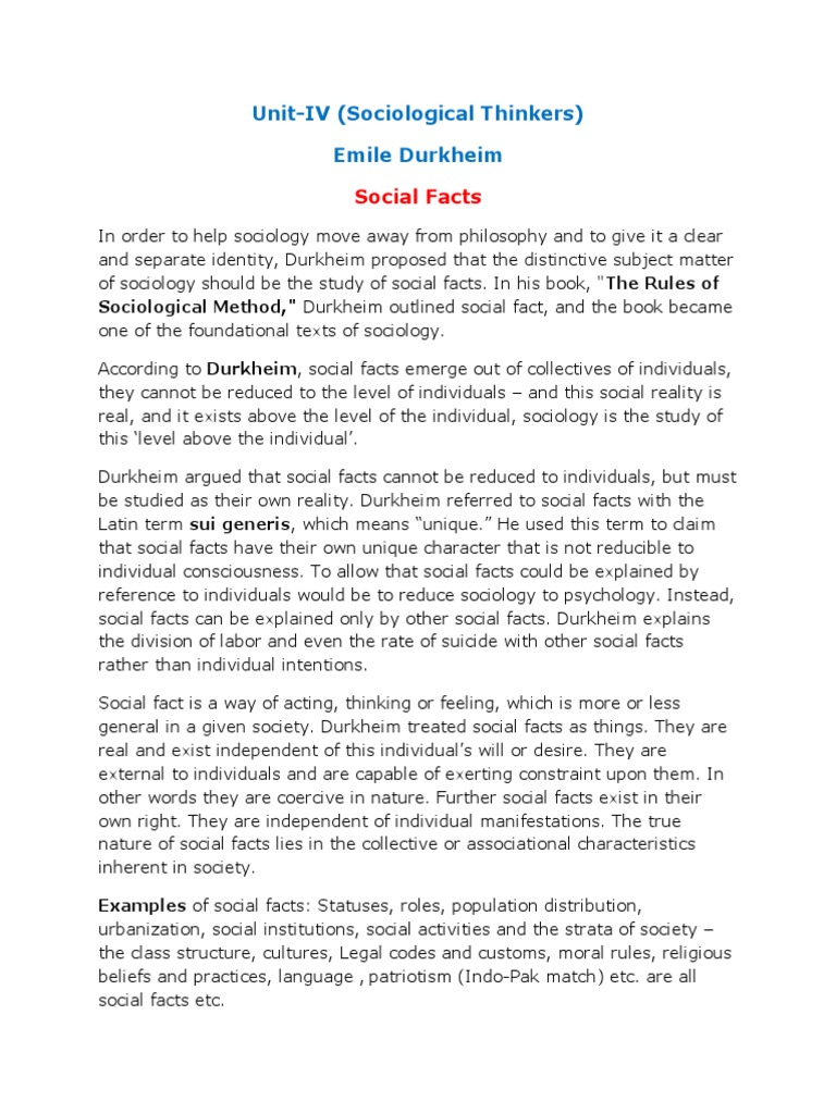 Unit-IV (Sociological Thinkers) Emile Durkheim: Social Facts | PDF ...