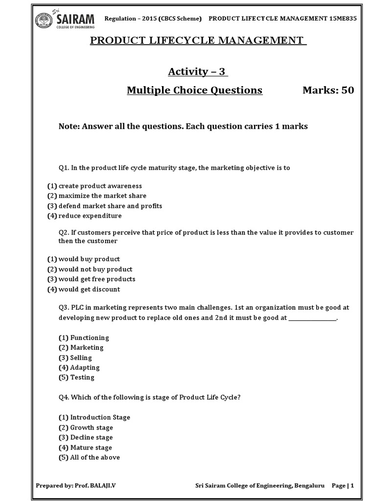 Activity 3 (MCQ) - 15ME835 - Product Life Cycle Management - Module 1,2 ...