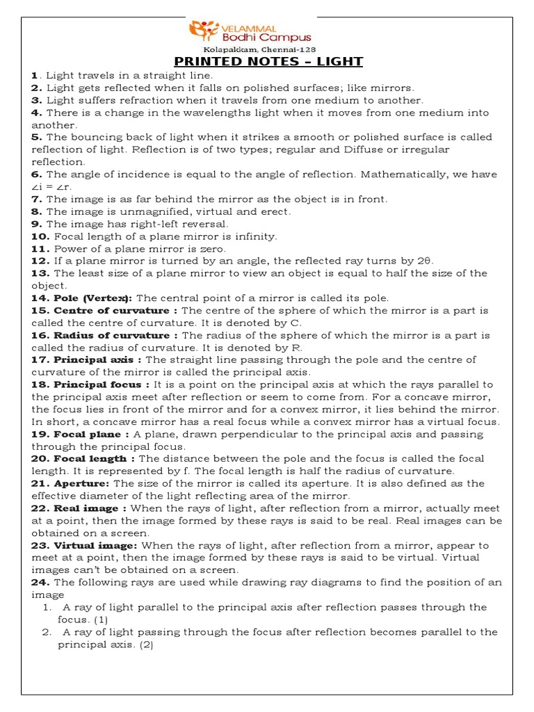 Class 8 Light Reflection Notes | PDF | Optics | Eye
