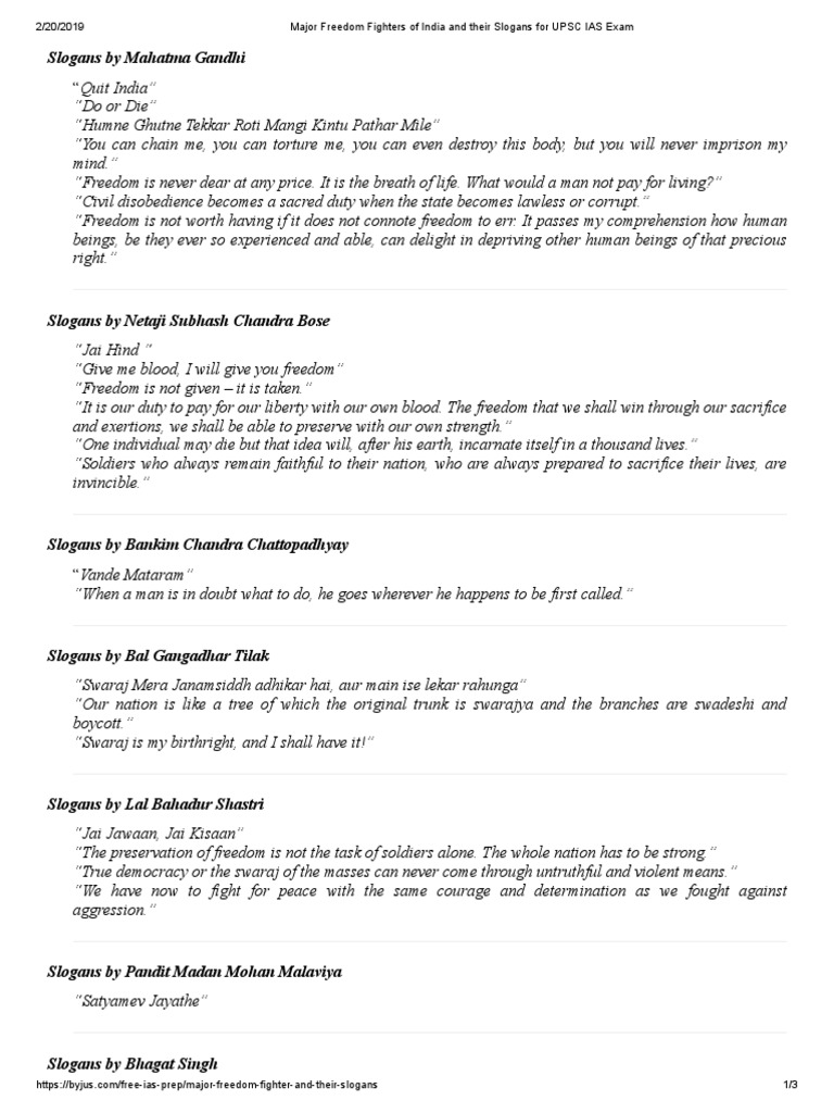 Major Freedom Fighters Slogans | PDF | Indian Nationalism | Indian ...