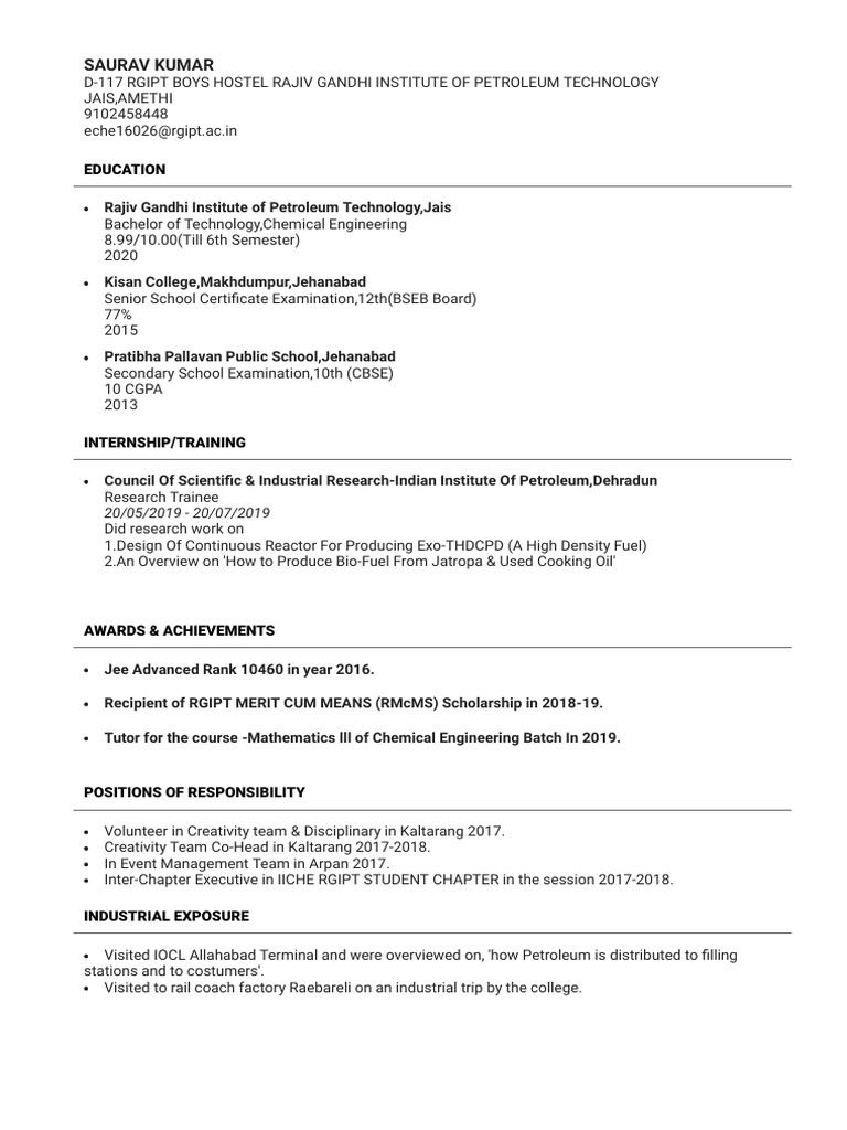 Chemical Engineering Student Profile | PDF