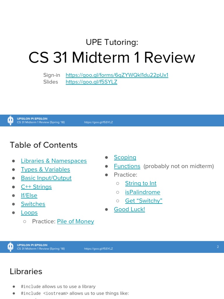 (UPE Tutoring) CS 31 Midterm 1 Review (Spring '18) | PDF | Control Flow ...