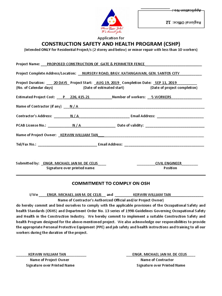 Cshp Application 2 Story Below Pdf Occupational Safety And Health