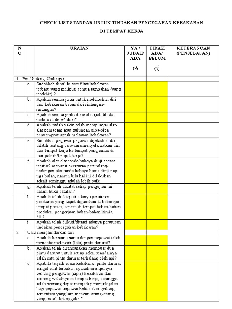 Check List Standar Untuk Tindakan Pencegahan Kebakaran | PDF | Griya ...