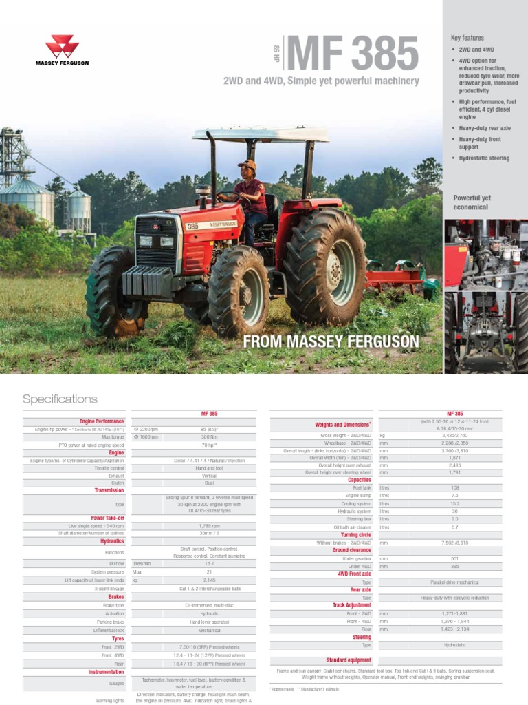 MF 385 Spec Sheet | PDF | Four Wheel Drive | Transmission (Mechanics)