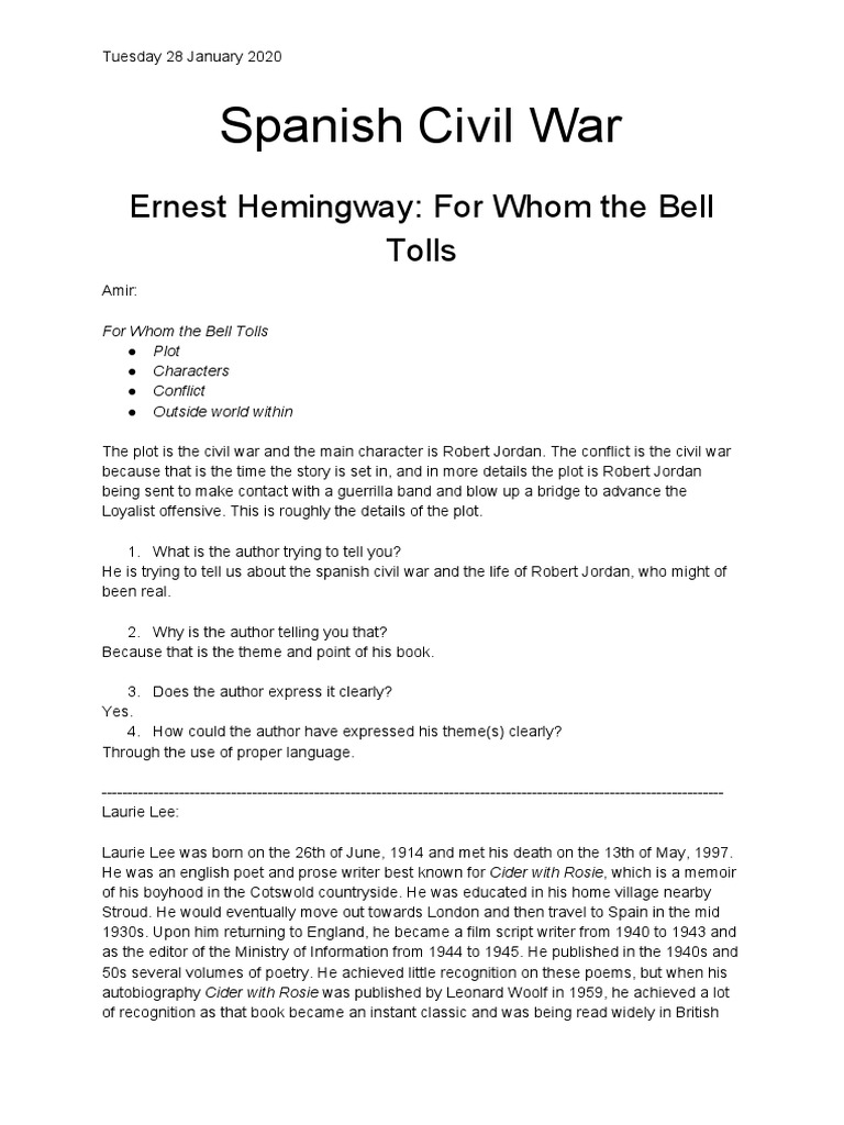 Spanish Civil War: Ernest Hemingway: For Whom The Bell Tolls | PDF ...
