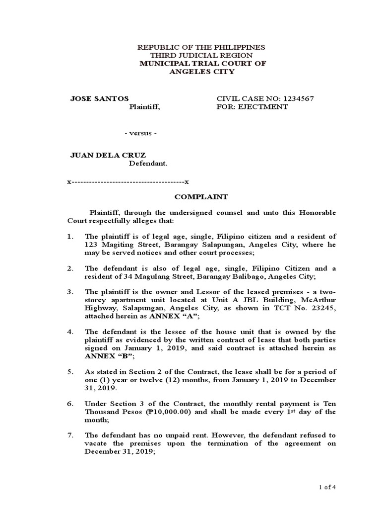 Form18-Complaint For Ejectment | PDF | Lease | Lawsuit