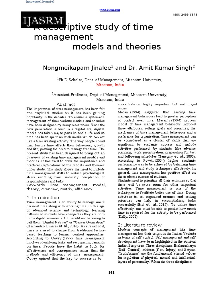 A Descriptive Study of Time Management Models and Theories ...
