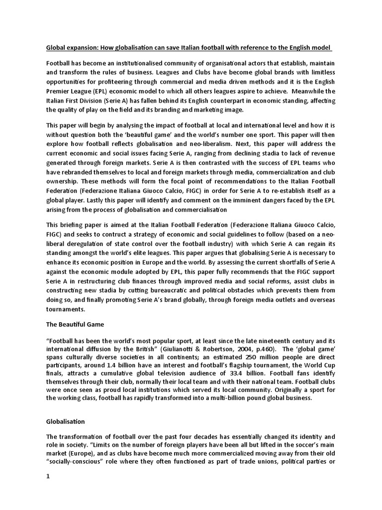 How Globalisation Can Save Italian Football With Reference To The ...