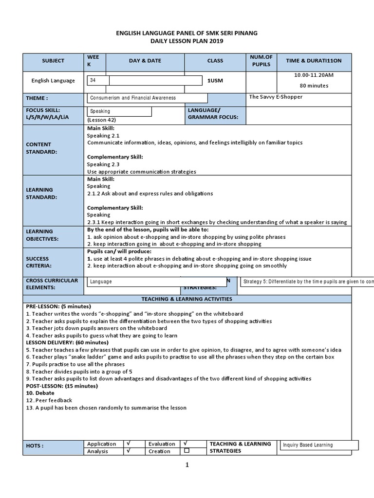 English Language Panel of SMK Seri Pinang Daily Lesson Plan 2019 | PDF ...