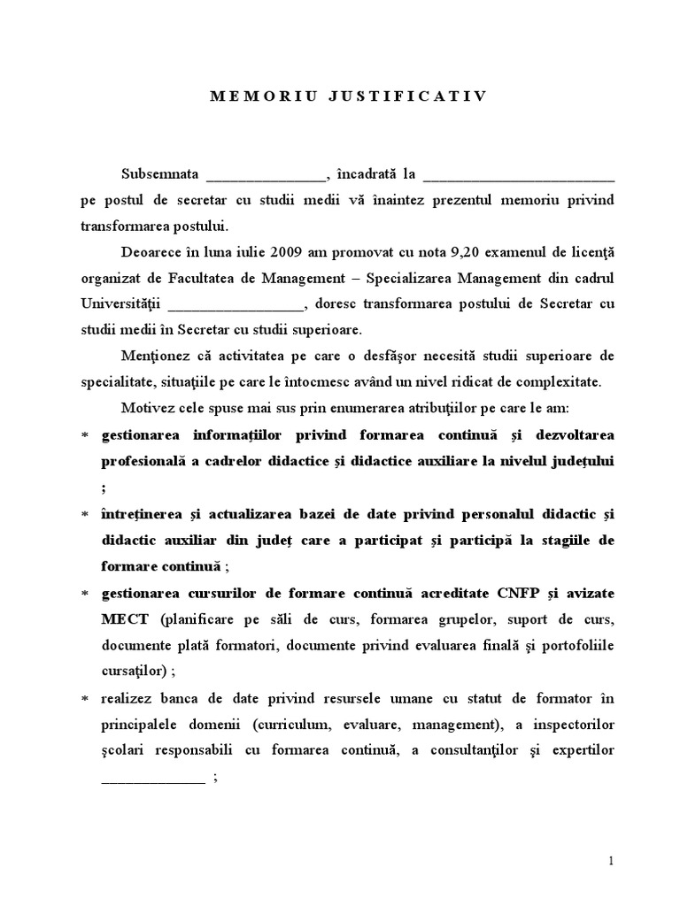 Memoriu Secretare 1 | PDF