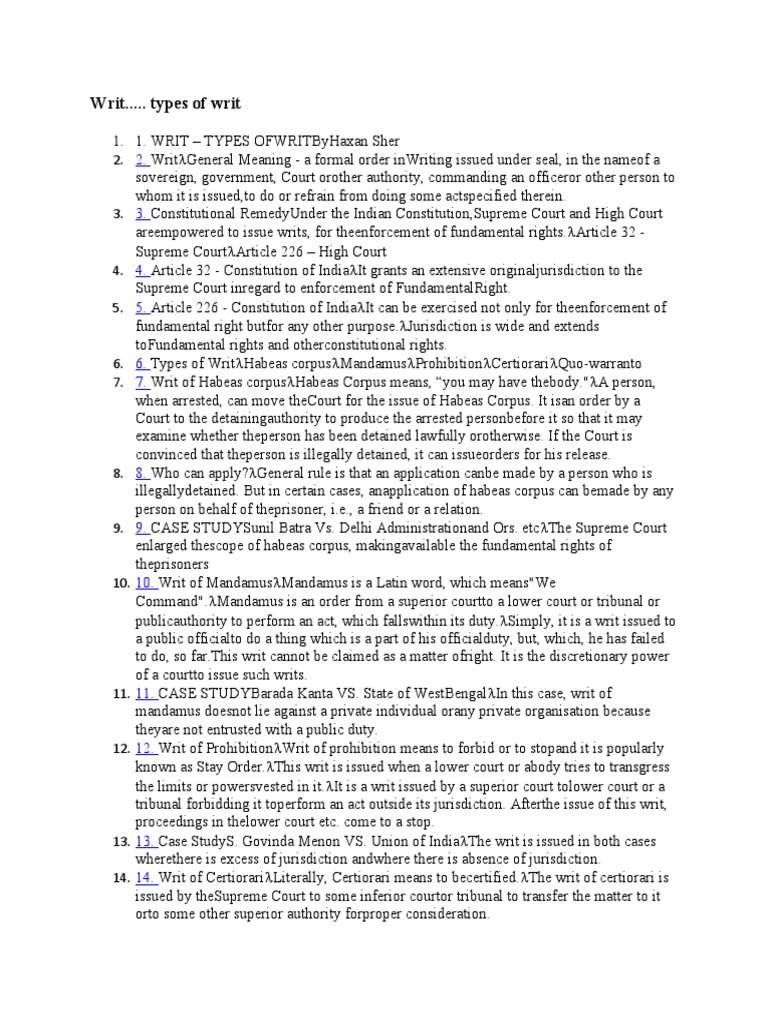 Writ..... Types of Writ | PDF | Habeas Corpus | Writ