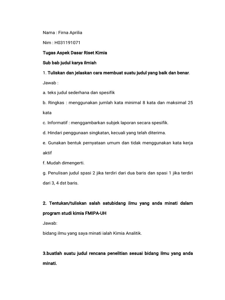 Aspek Dasar Riset Kimia Judul | PDF