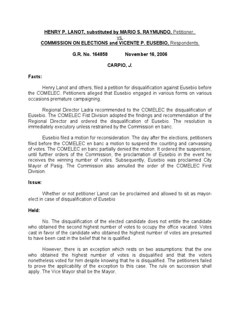 Lanot vs. Eusebio: Disqualification Case | PDF | Politics