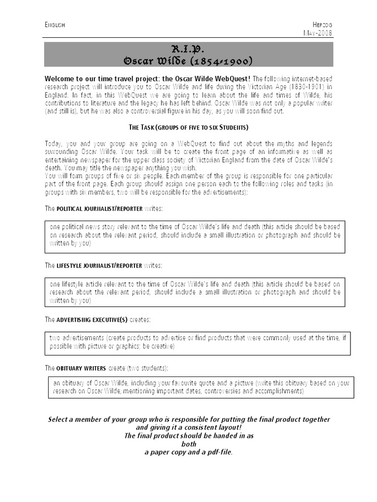 Oscar Wilde Webquest | PDF | Oscar Wilde | World Wide Web