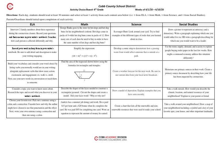 6th grade choice board 4-17 | Writers | Communication | Free 30-day ...