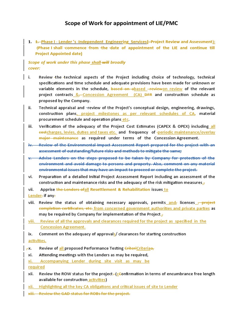 Draft Scope of Work For Appointment of LIE - PMC - HAM - Lenders Draft ...