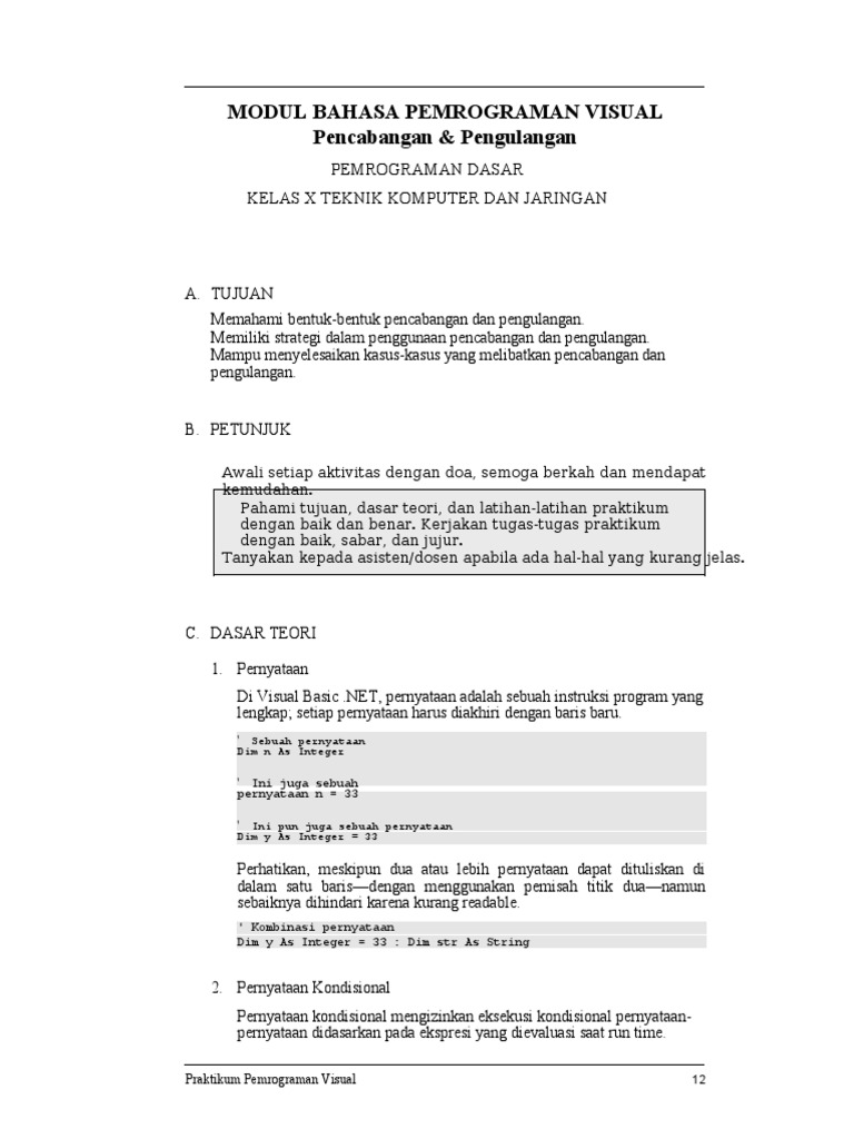 Modul Percabangan Dan Perulangan Pada Bahasa Pemrograman Visual | PDF