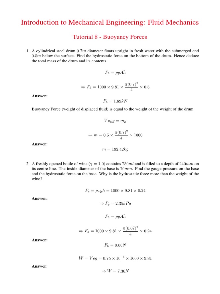 Introduction To Mechanical Engineering: Fluid Mechanics: Tutorial 8 - Buoyancy Forces | PDF ...
