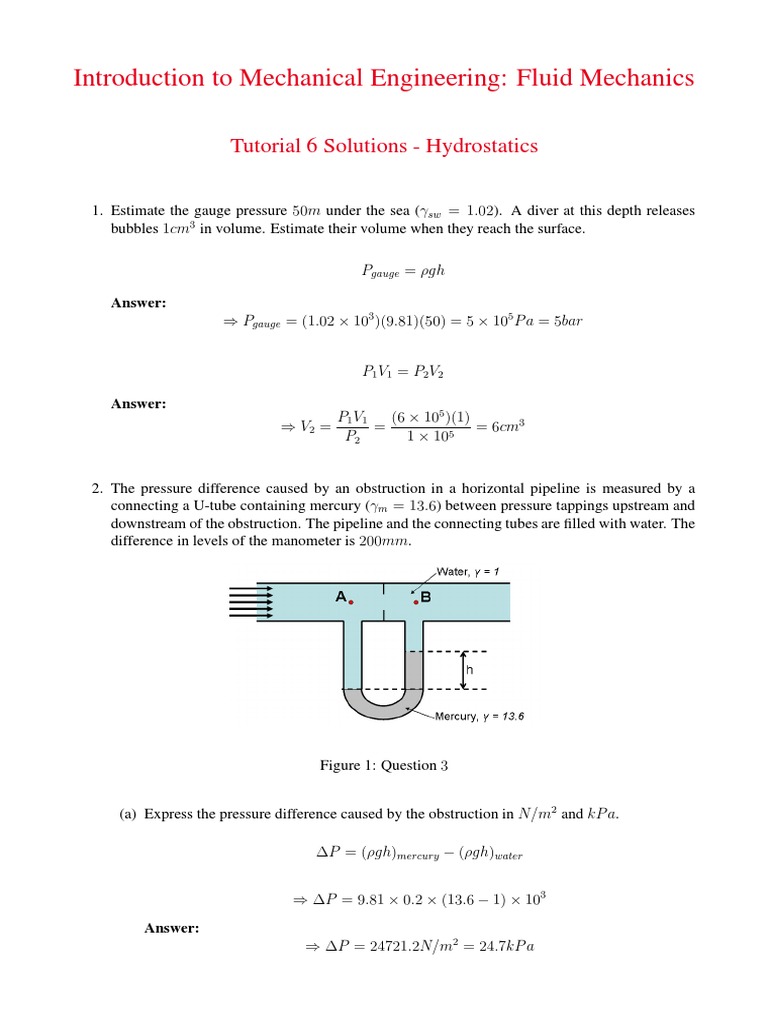 Introduction To Mechanical Engineering: Fluid Mechanics: Tutorial 6 ...