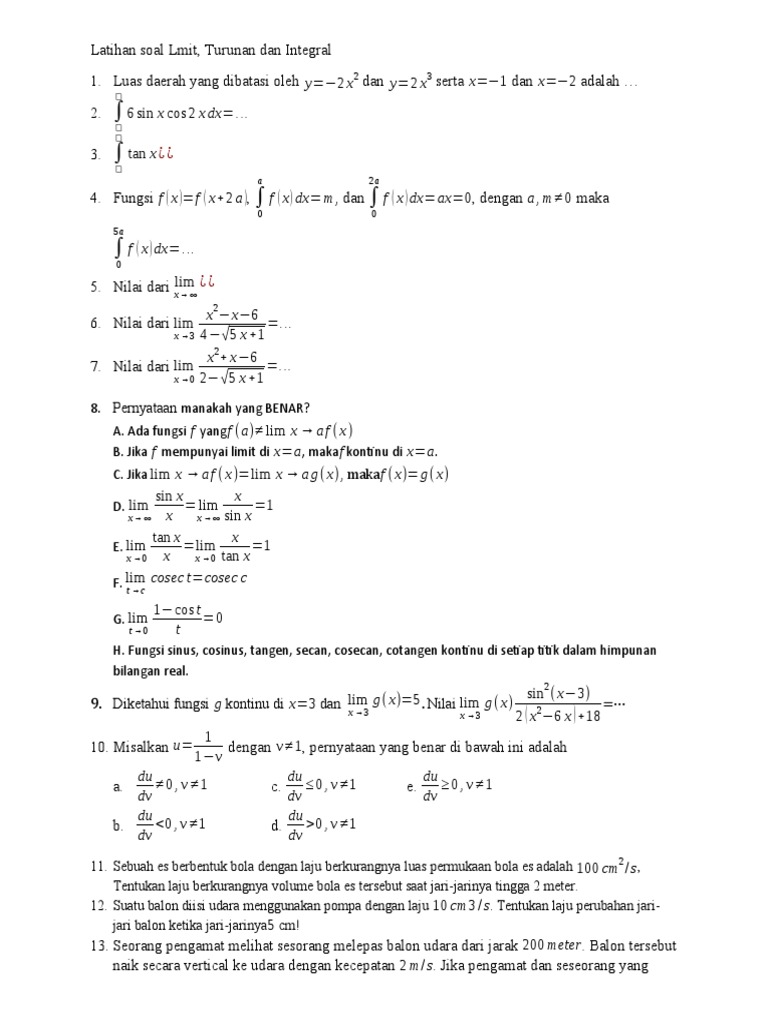 Latihan Soal Lmit, Turunan Dan Integral | PDF