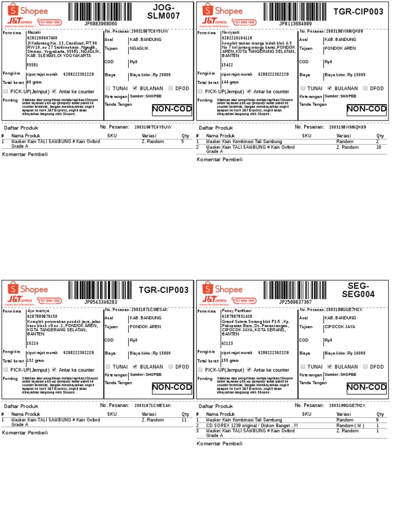 Perbedaan Paket COD dan Non-COD J&T | PDF
