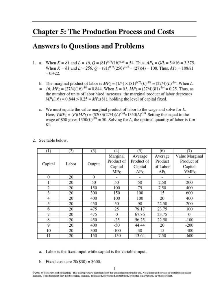 Chapter 5: The Production Process and Costs Answers To Questions and ...