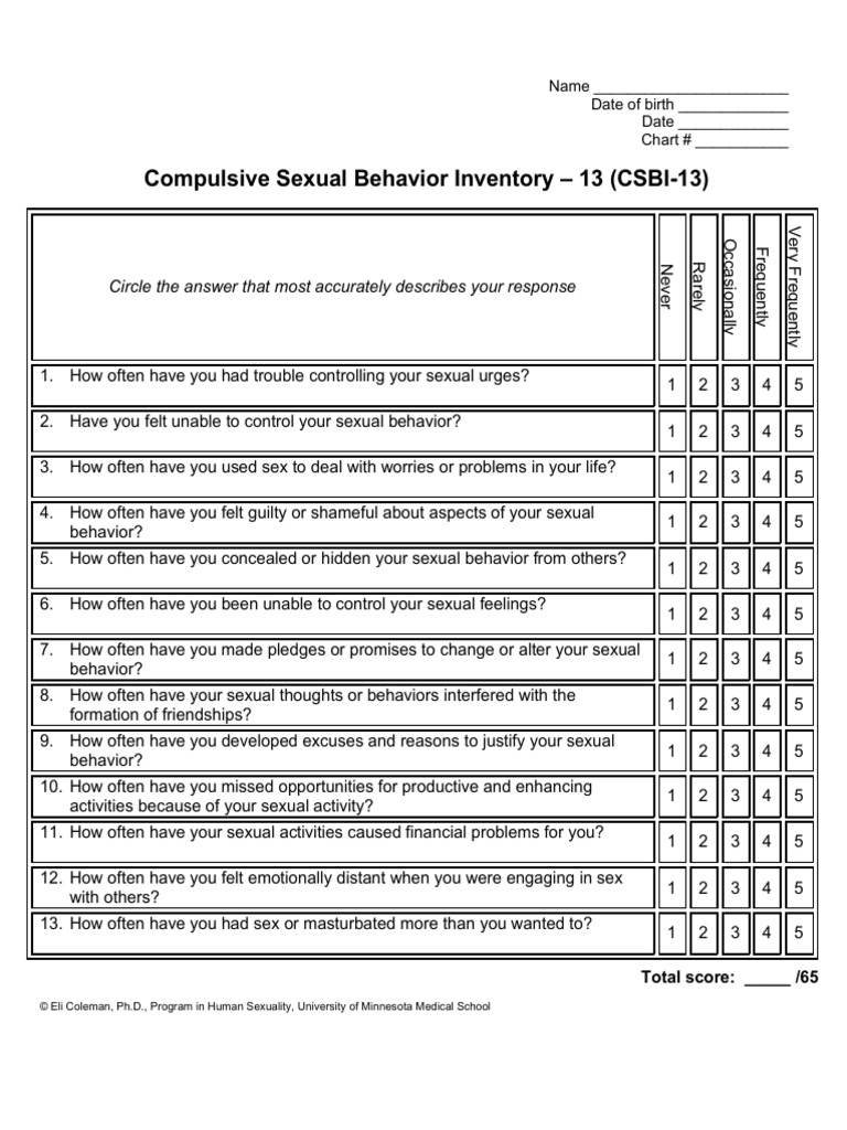 Compulsive Sexual Behavior Inventory Csbi 13 English Pdf Human