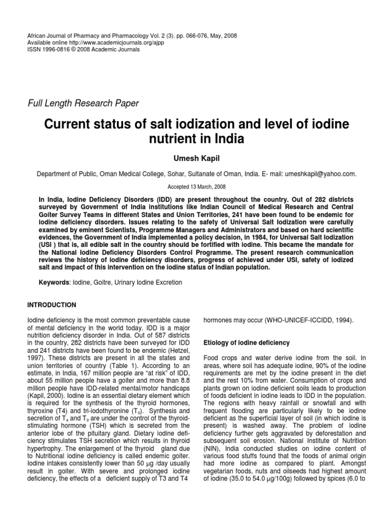 Current Status of Salt Iodization and Level of Iodine Nutrient in India ...