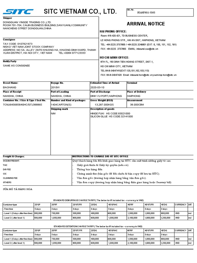 Sitc Vietnam Co., LTD.: Arrival Notice | PDF