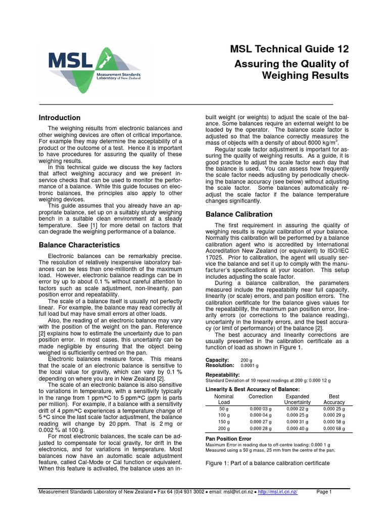 MSL Technical Guide: Weighing Quality | PDF | Weighing Scale | Calibration