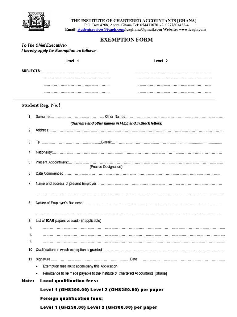 Exemption Form: To The Chief Executive:-I Hereby Apply For Exemption As ...
