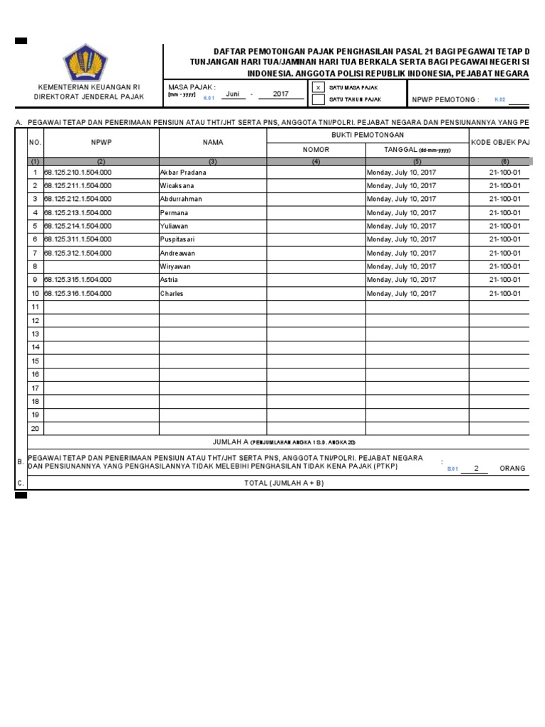 Formulir Pajak 1721 untuk Pegawai Tetap | PDF