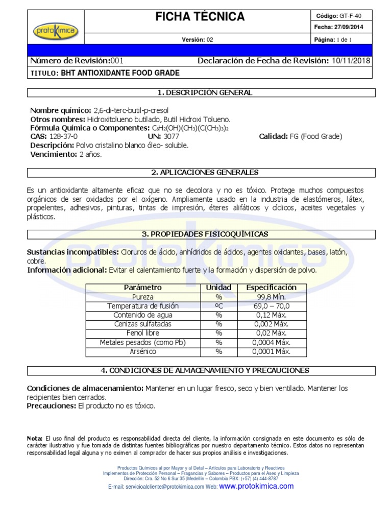 FT BHT Antioxidante Food Grade 10305 | PDF | Antioxidante | Compuestos químicos