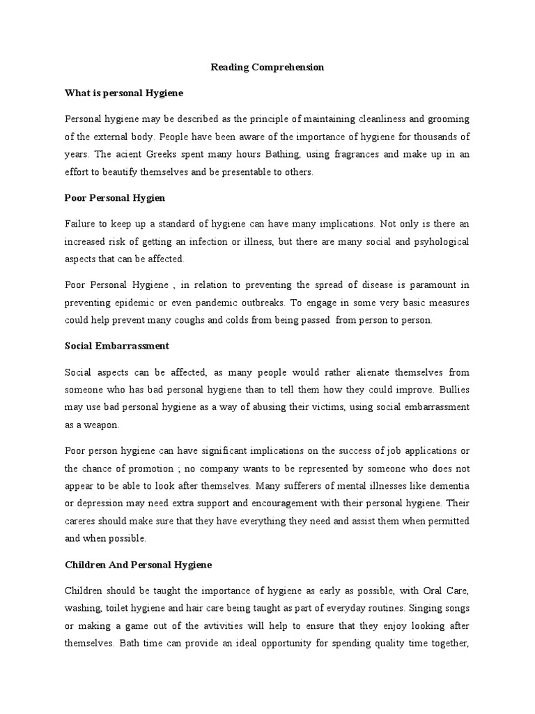Reading Comprehension What Is Personal Hygiene | PDF | Hygiene | Public ...