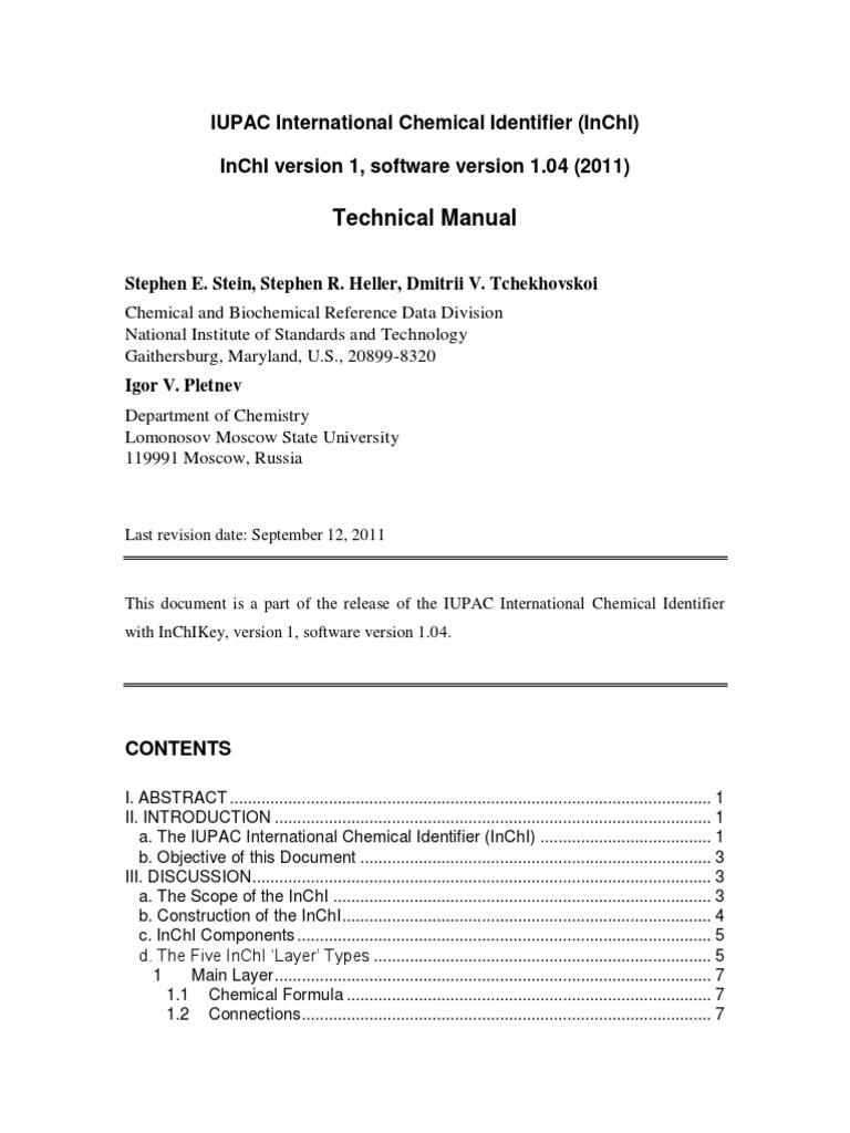Technical Manual: Iupac International Chemical Identifier (Inchi) Inchi ...