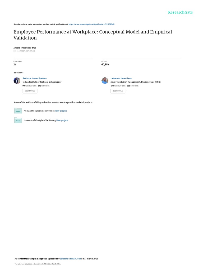 Employee Performance at Workplace: Conceptual Model and Empirical ...