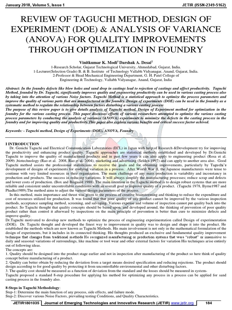 Review of Taguchi Method, Design of Experiment (Doe) & Analysis of Variance (Anova) For Quality ...