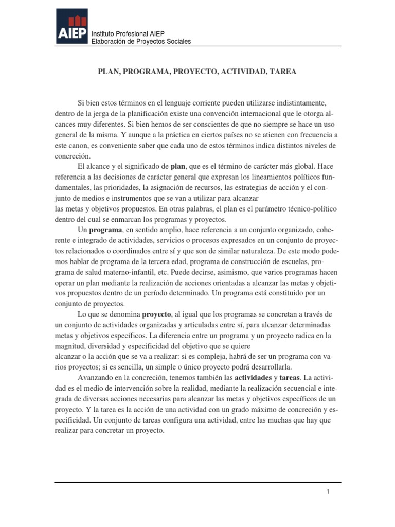Plan, Programa, Proyecto, Actividad, Tarea | PDF | Planificación | Science