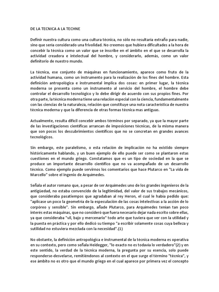 De La Tecnica A La Techne PDF | PDF | Aristóteles | Platón