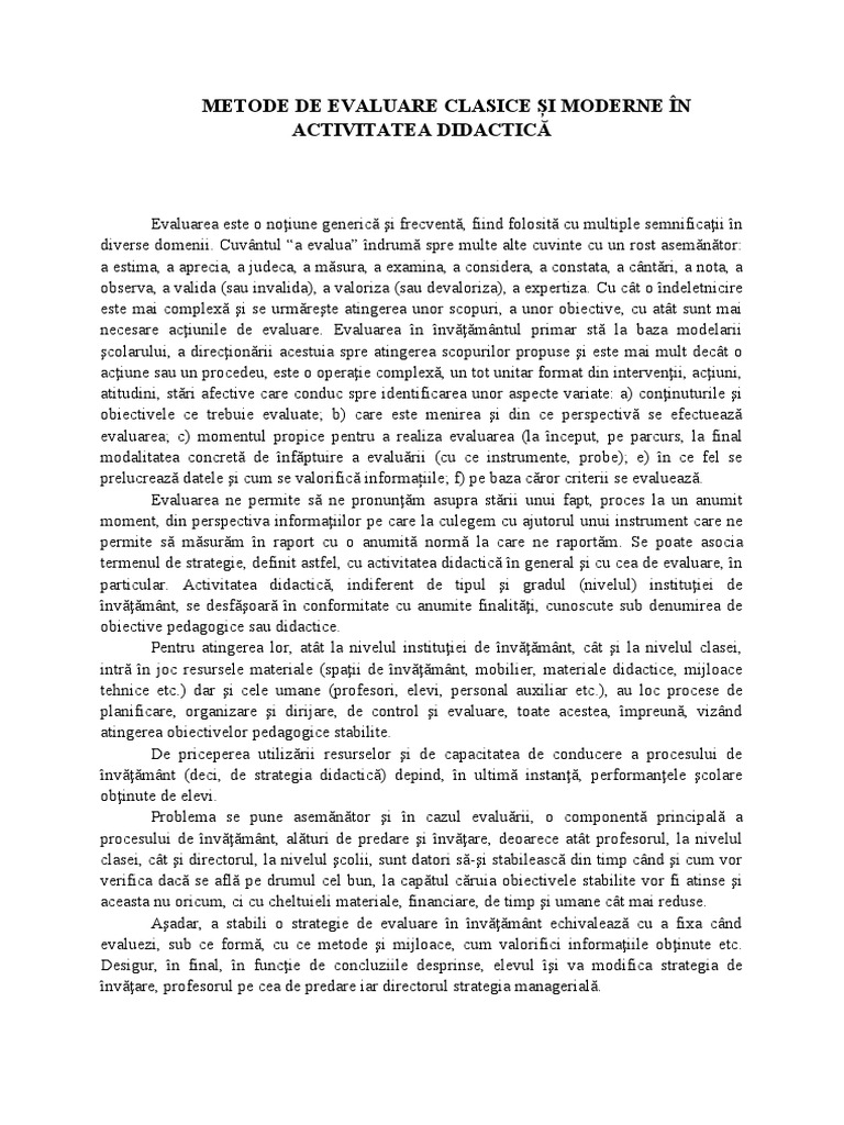 Metode de Evaluare Clasice Si Moderne in Activitatea Didactica | PDF