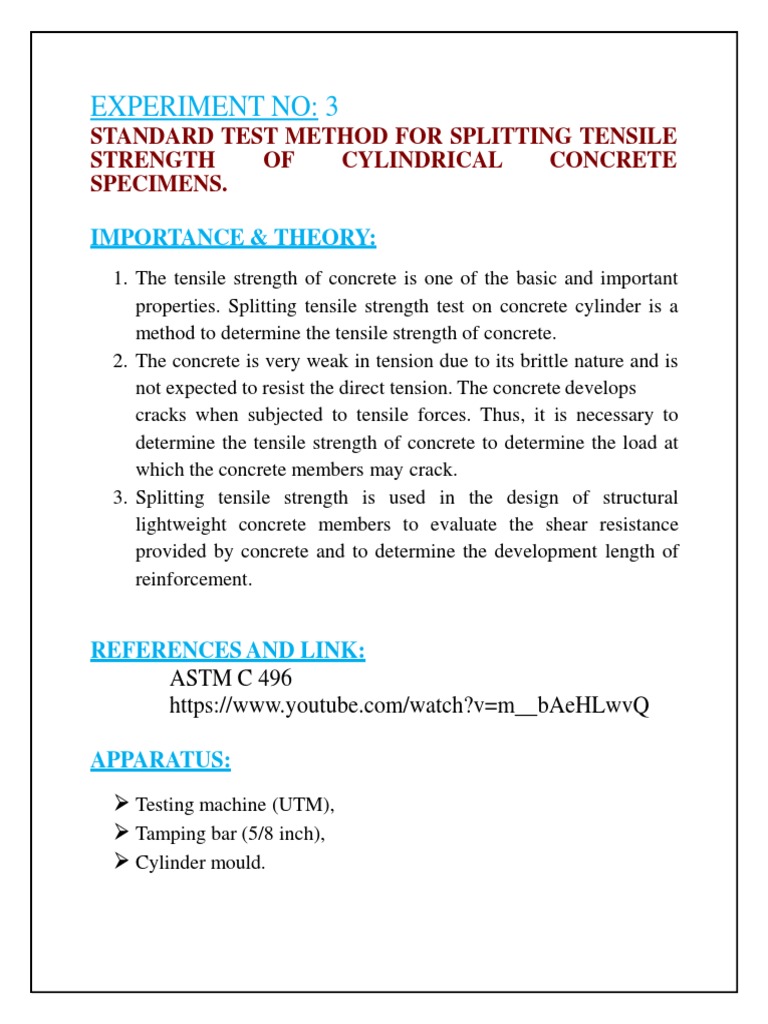 Experiment No: 3: Standard Test Method For Splitting Tensile Strength ...