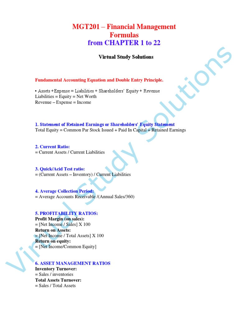 MGT201 Formulas From Chapter 1 To 22 ( | PDF | Net Present Value ...