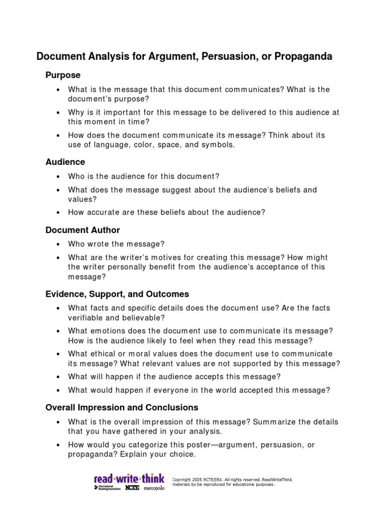 Document Analysis For Argument, Persuasion, or Propaganda: Purpose | PDF