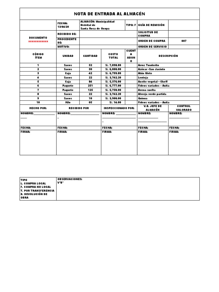 Nota De Entrada Al Almacén: xxxxxxxxxxxx | Alimentos | Libros de cocina ...