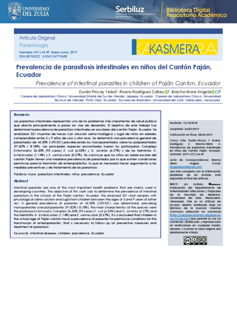 Articulo Kasmera Parasitosis Intestinales en Niños Del Cantón Paján ...